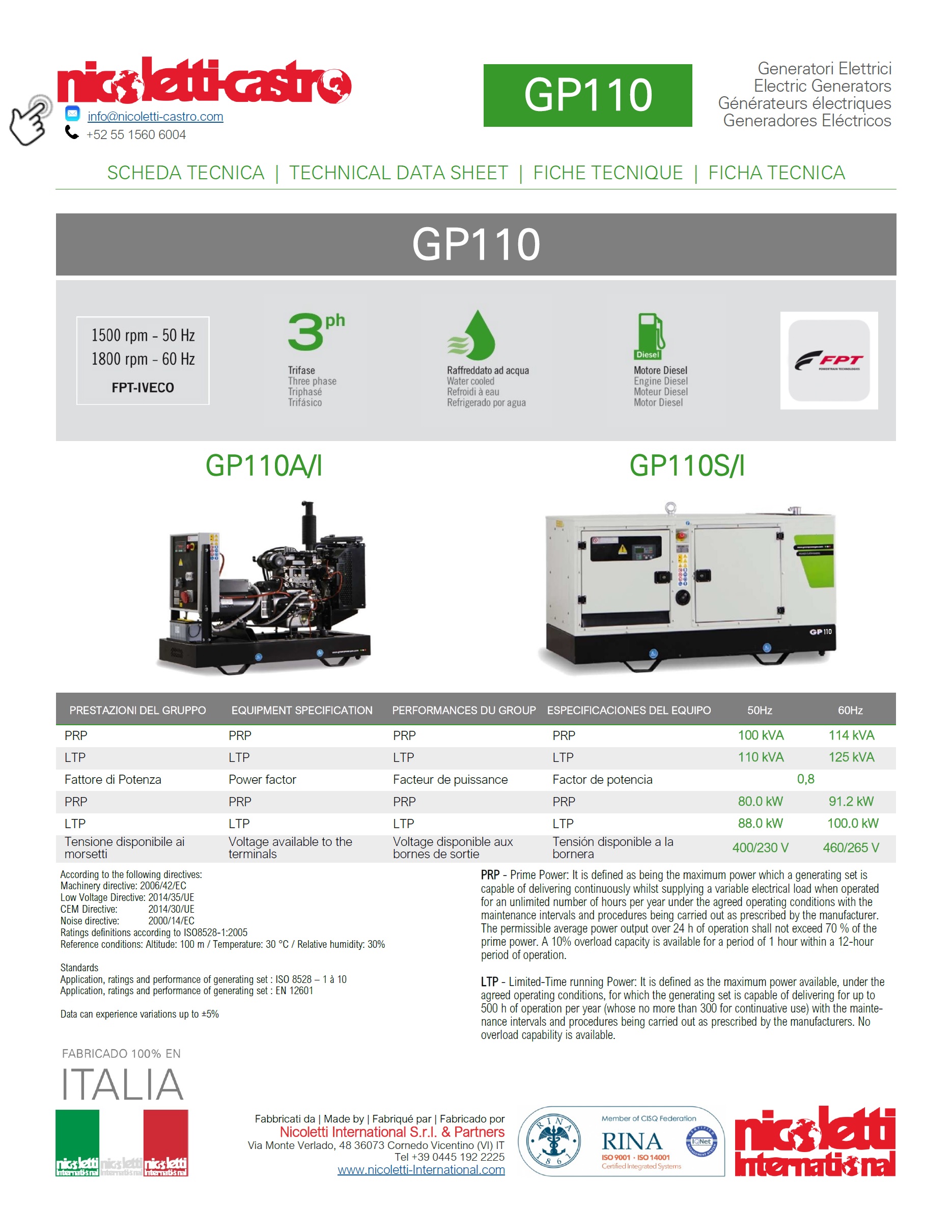 GP110 Generador Eléctrico - CE Certificado Nicoletti-Castro México