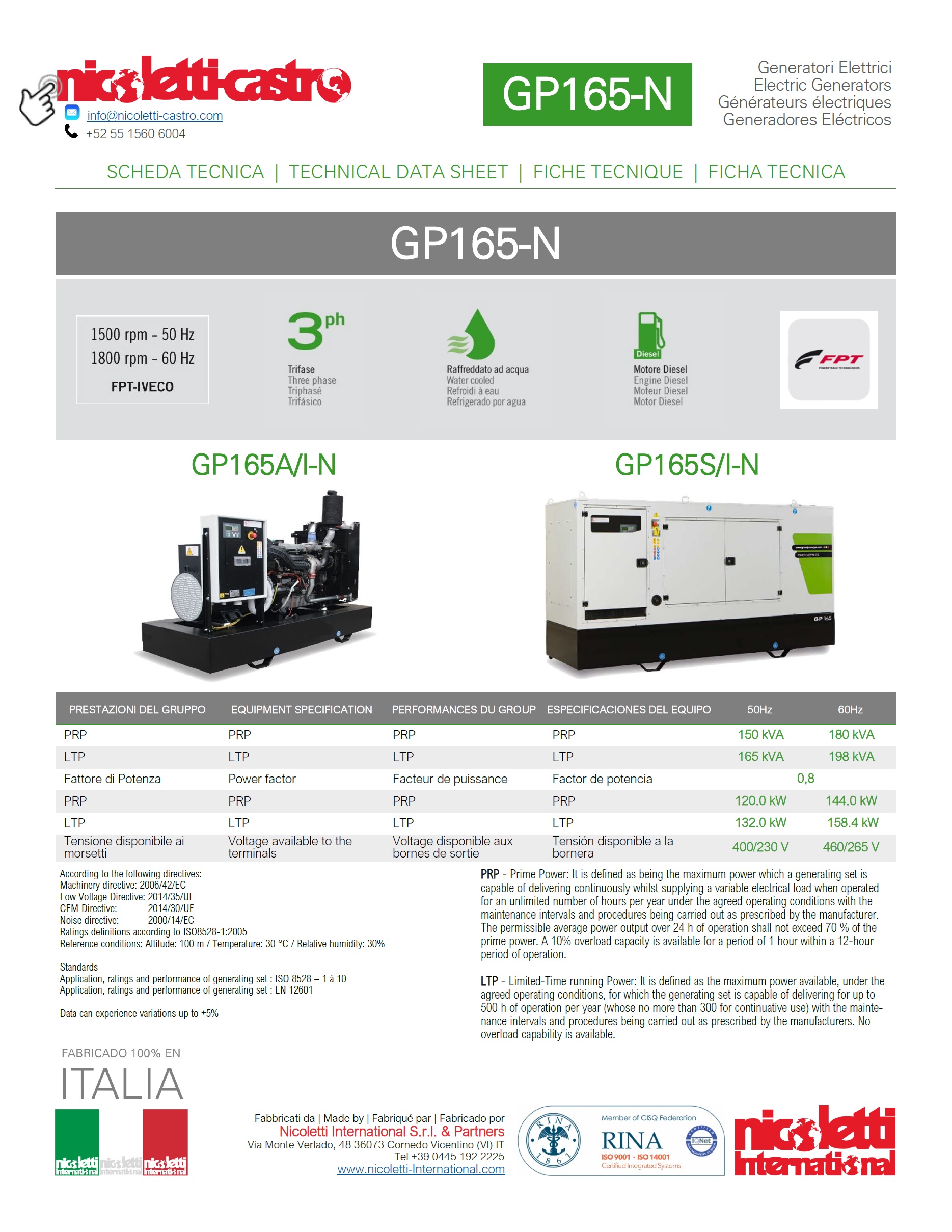 GP165-N Generador Eléctrico - CE Certificado Nicoletti-Castro México