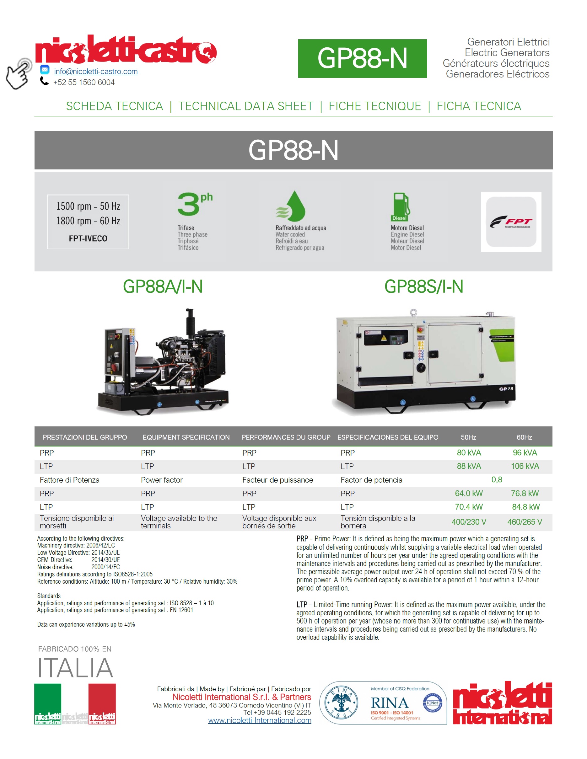 GP88-N Generador Eléctrico - CE Certificado Nicoletti-Castro México